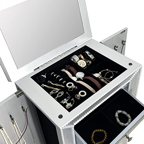 Bedroom Living Room Vertical Filing Cabinet, 6 Drawers,Jewelry Armoire With Silver Mirrored, & 16 Necklace Hooks, 2 Side Swing Doors