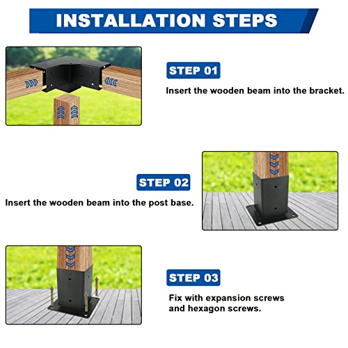 Pergola Gazebo Brackets Kit Nopwer - 3-Way Right Angle Corner Bracket for 4x4 Inch Wood Beams