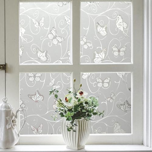 DKTIE Static Cling Decorative Window Film with Installation Tools, Non Adhesive Privacy Film, Window Privacy Film Decorative Butterflies, Window Film Frosted Glass (01, 17.7 x 78.7 Inch)