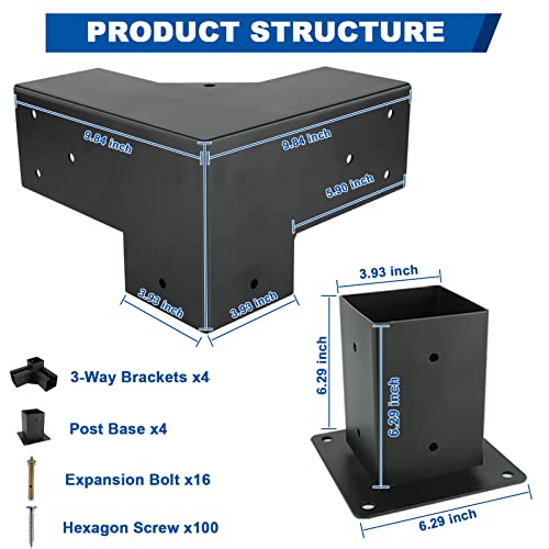 Pergola Gazebo Brackets Kit Nopwer - 3-Way Right Angle Corner Bracket for 4x4 Inch Wood Beams