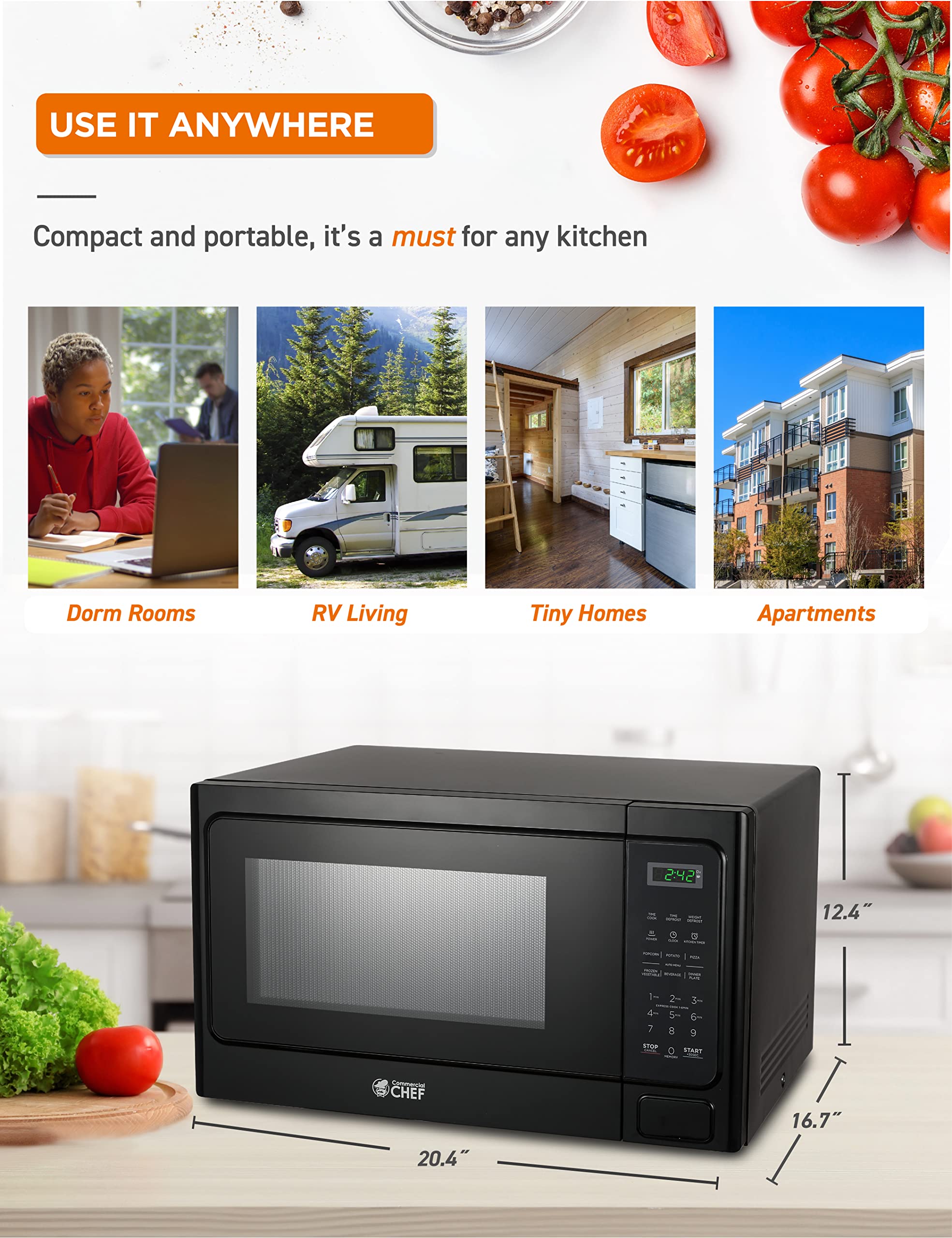 COMMERCIAL CHEF Microwave 1.3 Cu Ft with 10 Power Levels, Microwave with Push Button Door Lock, 1000W Countertop Microwave with Timer and Digital Controls, Black