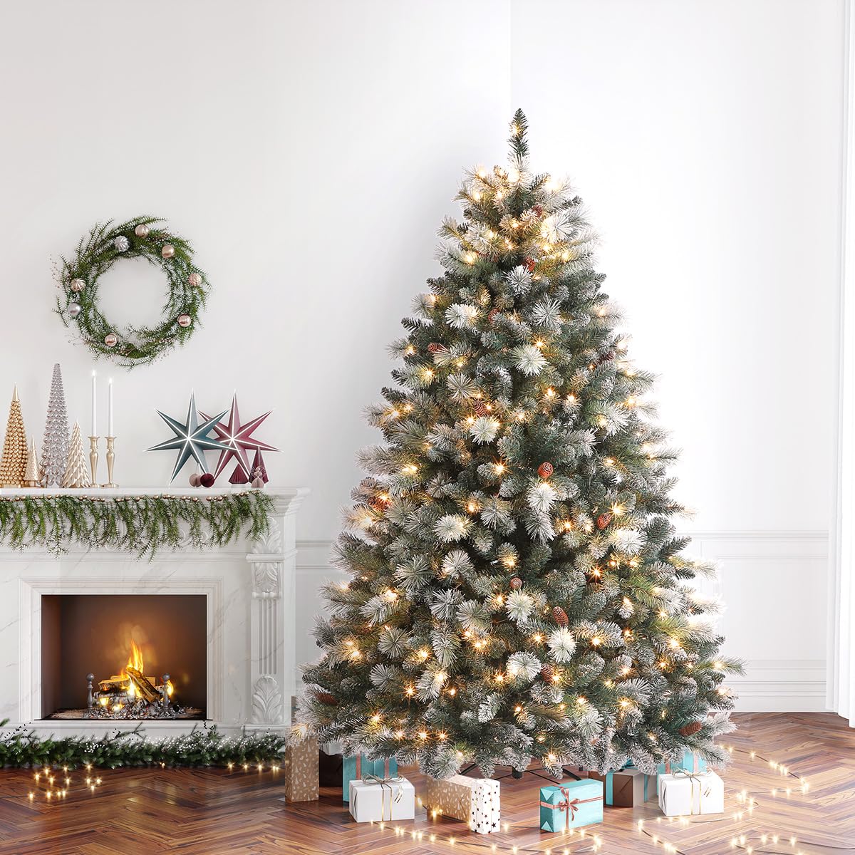 OasisCraft 6.5ft Pre-lit Snowy Aspen Spruce Christmas Tree, Full Flocked Christmas Tree with Lights, Metal Stand, for Home Office Party Decoration