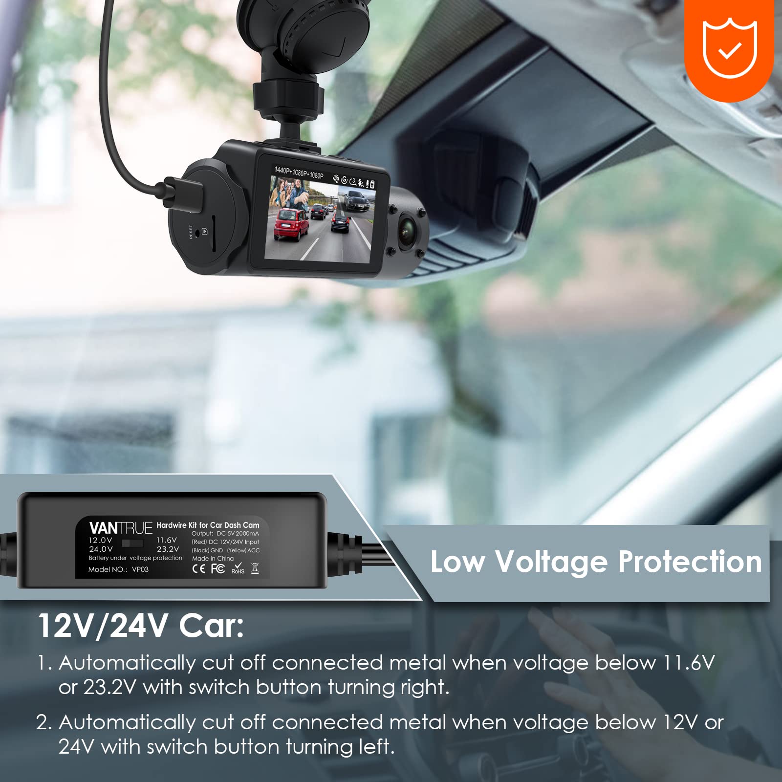 【Bundle: Vantrue E1 Lite 1080P WiFi Mini Dash Cam + Type C USB Hardwire Kit】Vantrue E1 Lite 1080P WiFi Mini Dash Cam with GPS and Speed, Free App, Voice Control Detachable Dash Camera,24H Parking Mode