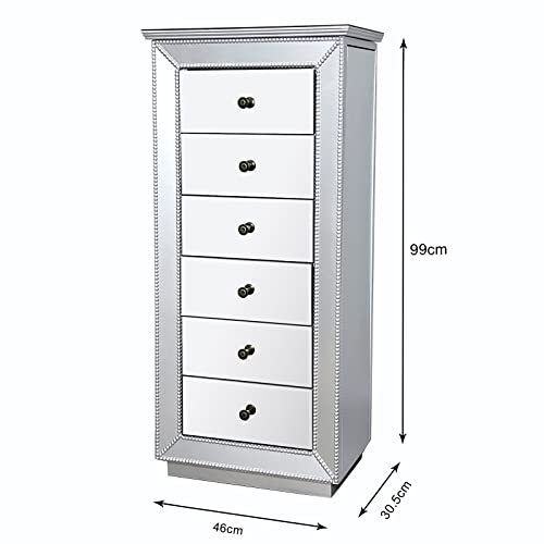 Bedroom Living Room Vertical Filing Cabinet, 6 Drawers,Jewelry Armoire With Silver Mirrored, & 16 Necklace Hooks, 2 Side Swing Doors