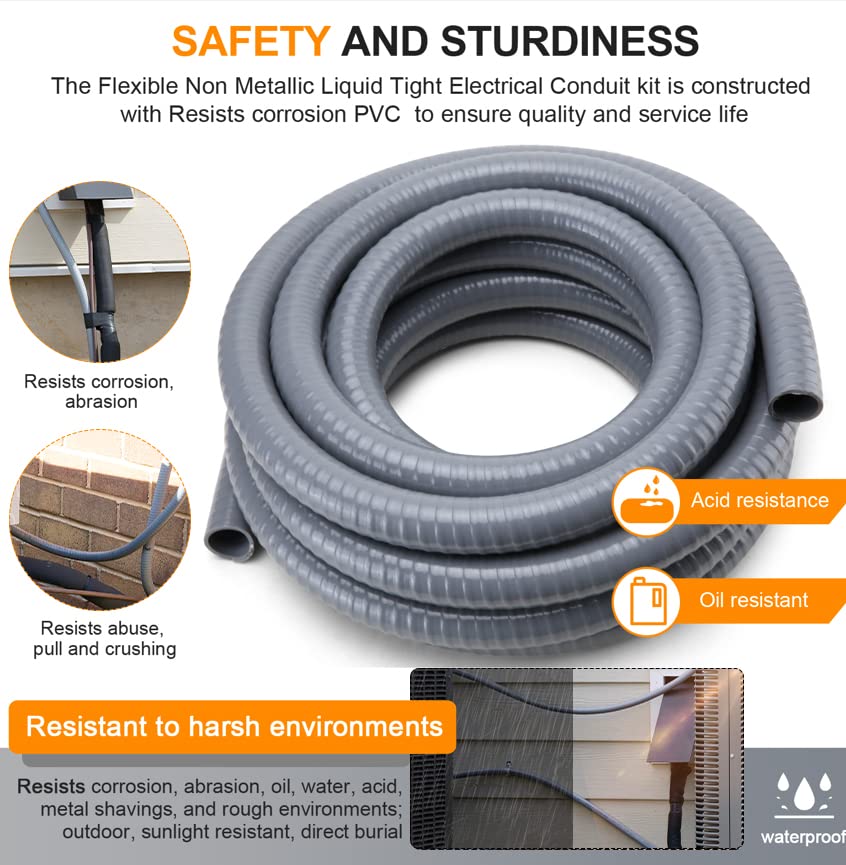 DWALE Liquid-Tight Conduit and Connector Kit, Flexible Non-Metallic Electrical 3/4inch 25ft Conduit, with 5 Straight and 3 Angle Fittings Included, 3/4 in. Dia.