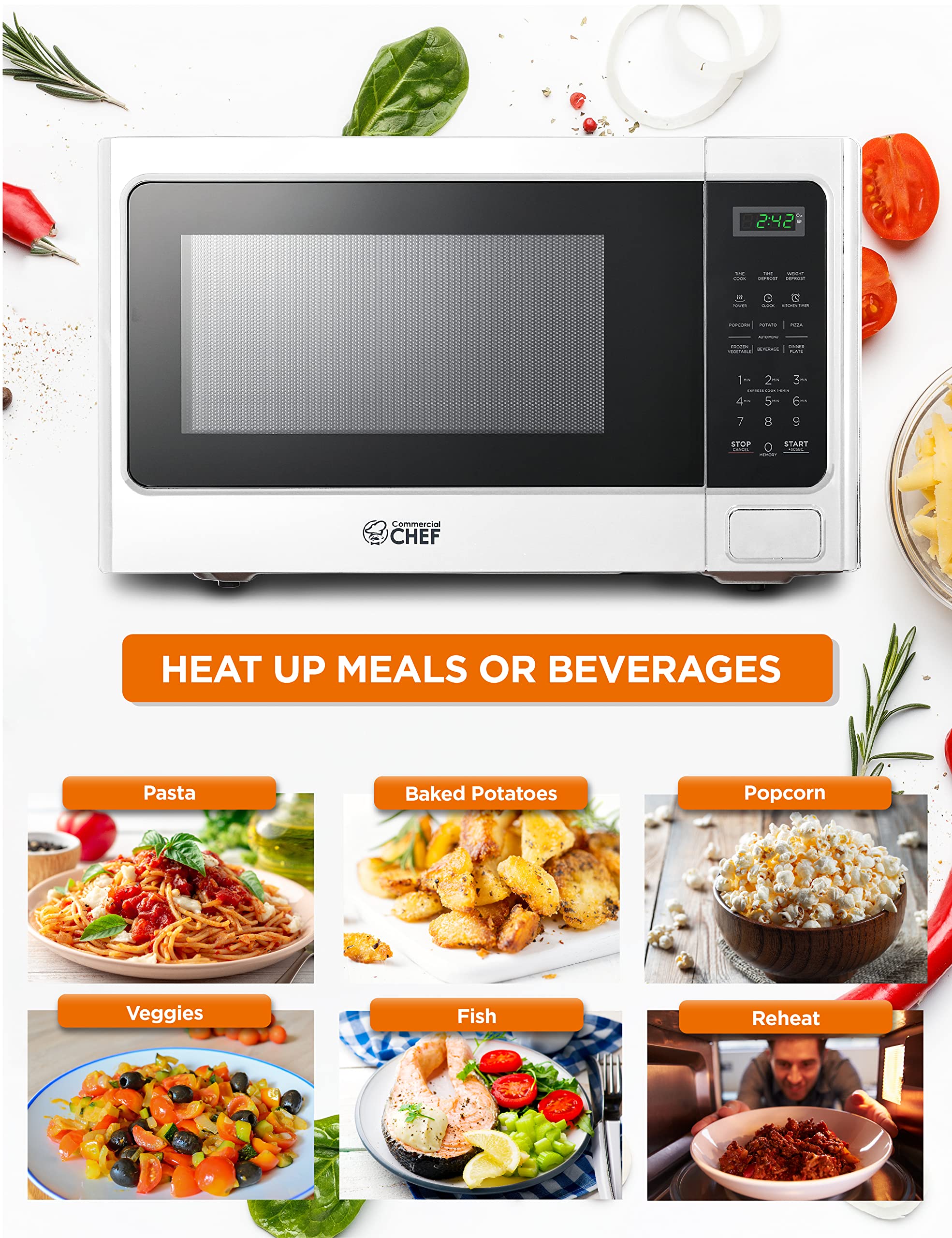 COMMERCIAL CHEF Microwave 1.3 Cu Ft with 10 Power Levels, Microwave with Push Button Door Lock, 1000W Countertop Microwave with Timer and Digital Controls, White