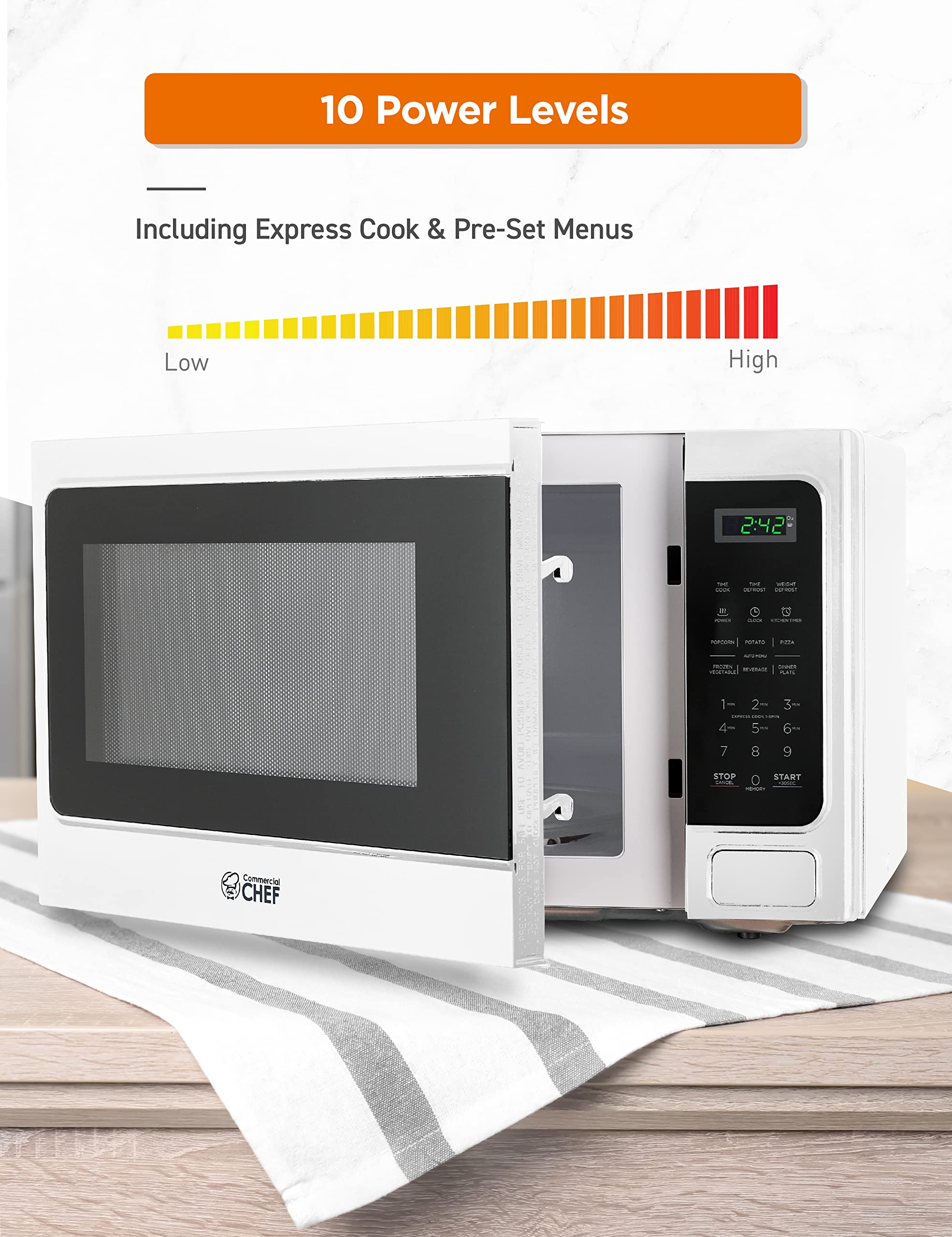 COMMERCIAL CHEF Microwave 1.3 Cu Ft with 10 Power Levels, Microwave with Push Button Door Lock, 1000W Countertop Microwave with Timer and Digital Controls, White