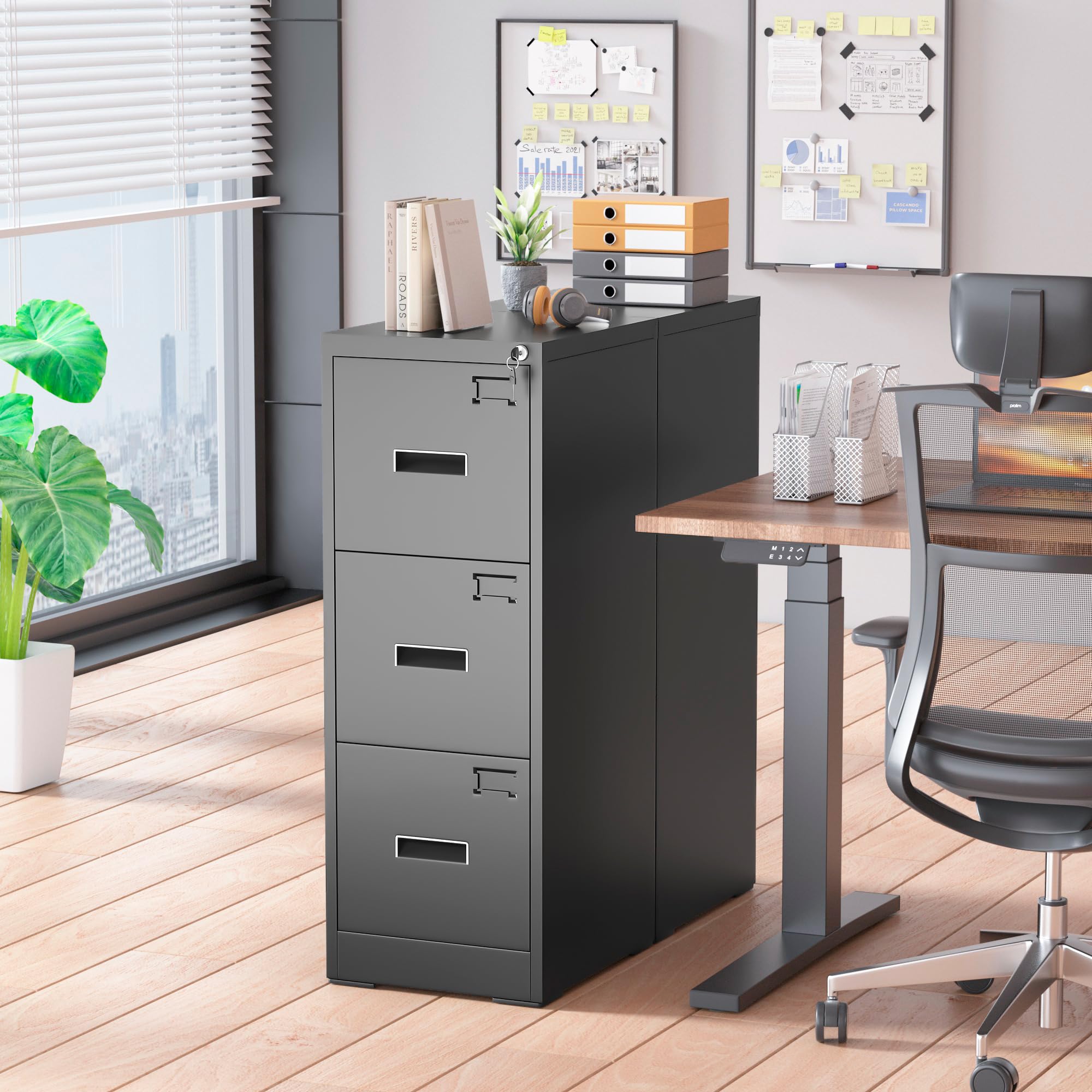 Greenvelly 3 Drawer File Cabinet with Lock, Metal Filing Cabinet for Home Office, Locking Vertical File Cabinet, 18" D File Cabinet for Home Office, Easy Assemble (Black)
