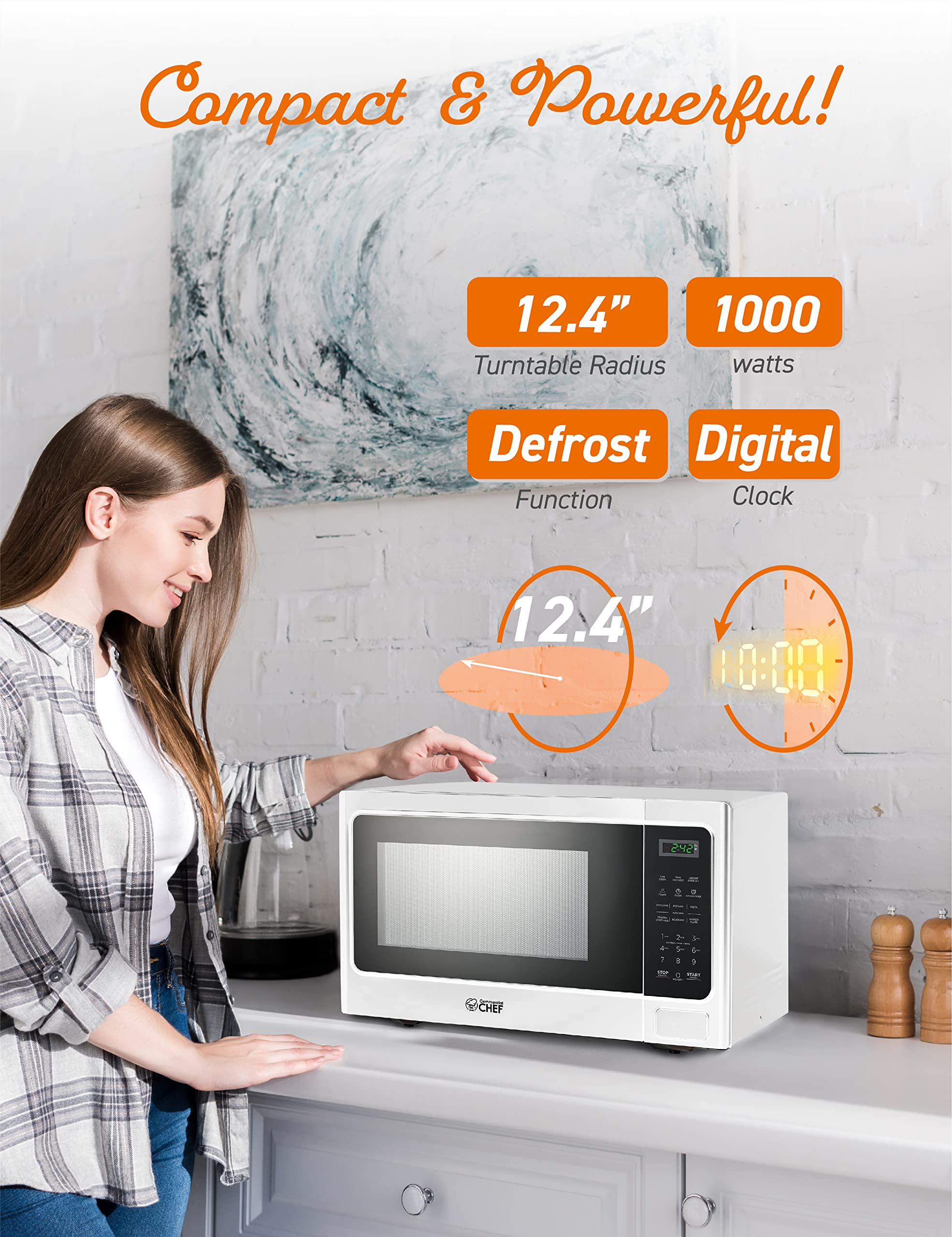 COMMERCIAL CHEF Microwave 1.3 Cu Ft with 10 Power Levels, Microwave with Push Button Door Lock, 1000W Countertop Microwave with Timer and Digital Controls, White