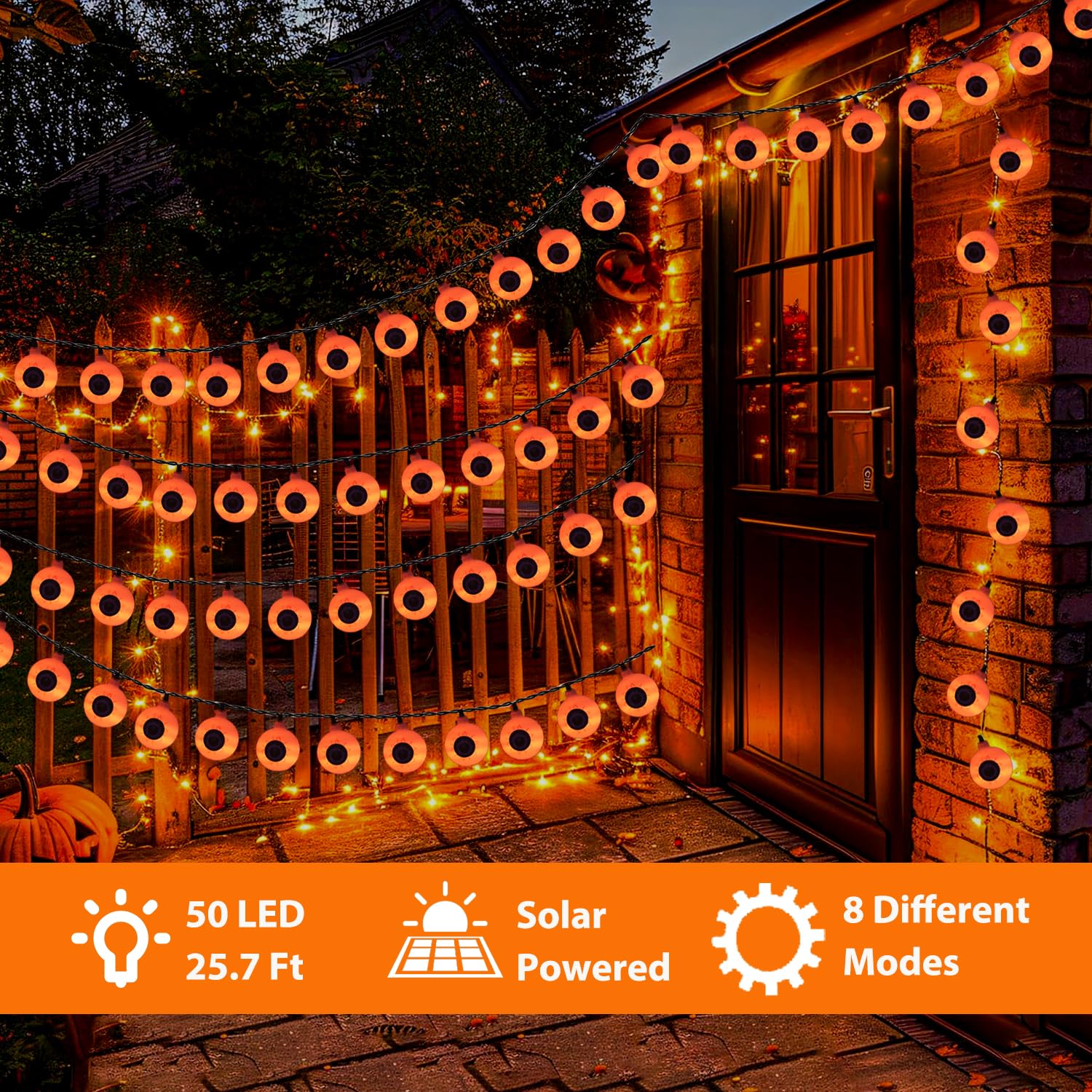 HUGSVIK Big Eyeball Solar Orange Halloween Lights, 26Ft 40 LED Solar Halloween Lights String with 8 Modes, Waterproof Solar Halloween Decorations Outdoor Lights for Patio Porch Garden Yard Decor