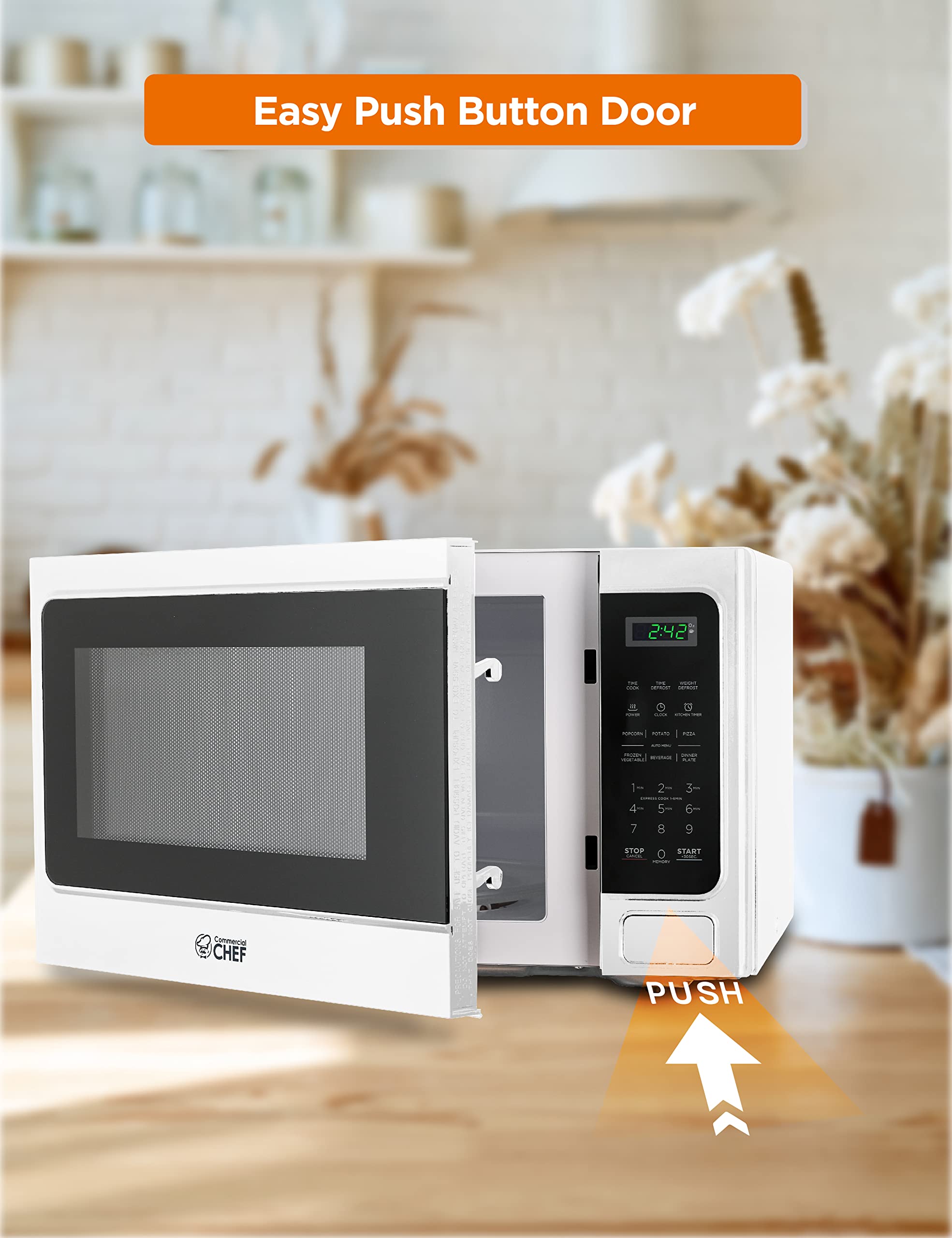 COMMERCIAL CHEF Microwave 1.3 Cu Ft with 10 Power Levels, Microwave with Push Button Door Lock, 1000W Countertop Microwave with Timer and Digital Controls, White