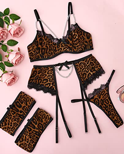 Avidlove Lingerie Set Sexy Womens Lingeries Lace Exotic Fishnet Bra and Panty Sets Classy (Leopard,XS)