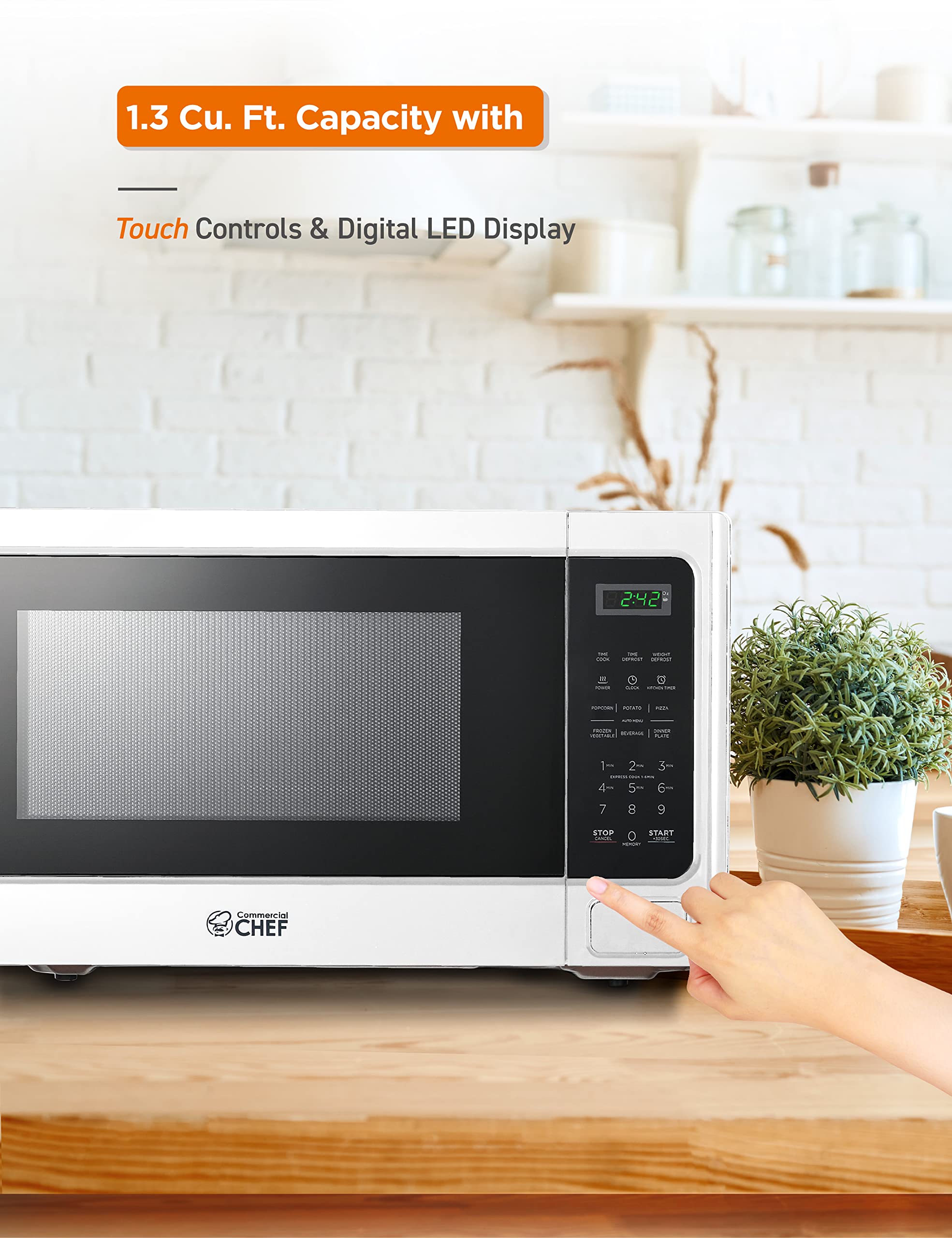 COMMERCIAL CHEF Microwave 1.3 Cu Ft with 10 Power Levels, Microwave with Push Button Door Lock, 1000W Countertop Microwave with Timer and Digital Controls, White