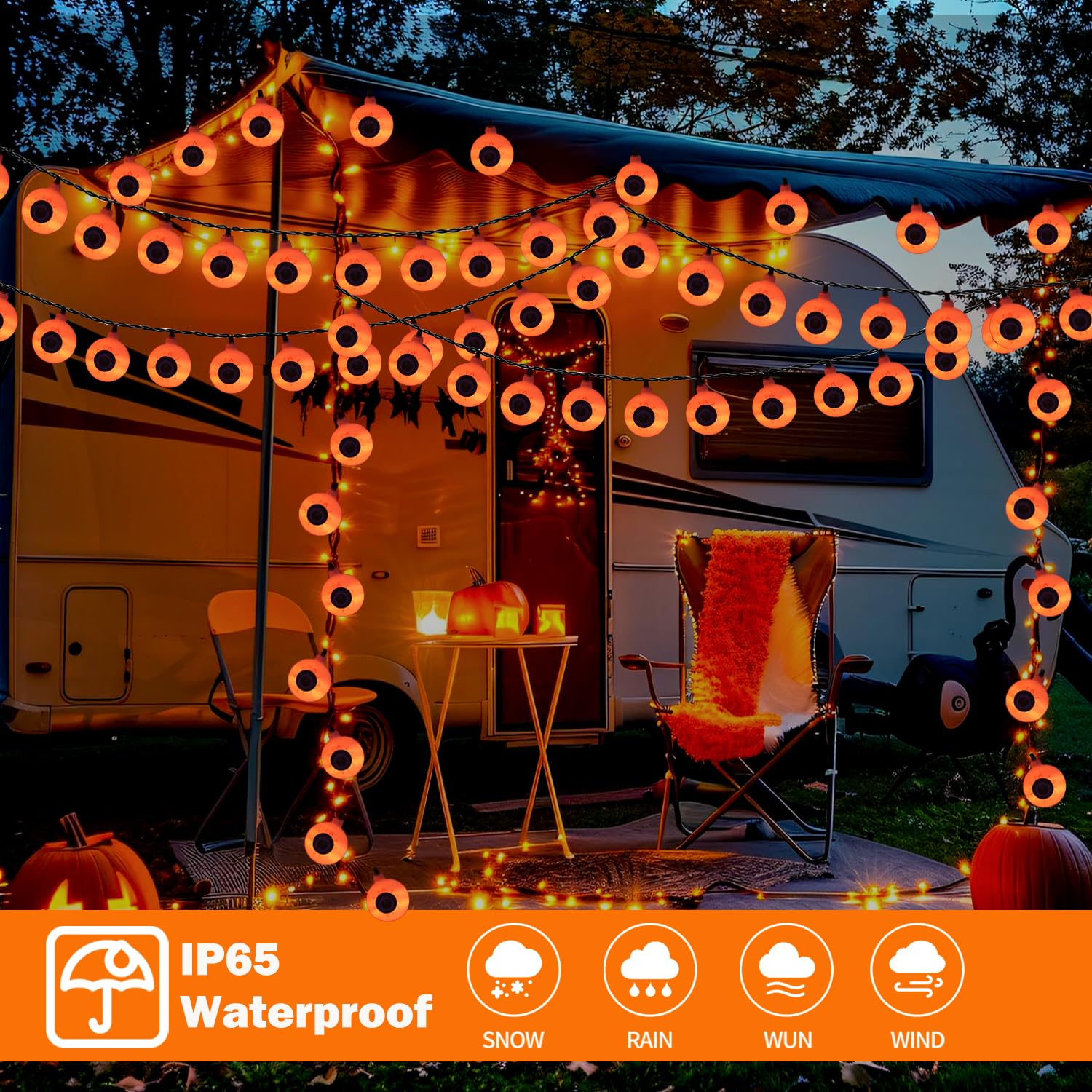 HUGSVIK Big Eyeball Solar Orange Halloween Lights, 26Ft 40 LED Solar Halloween Lights String with 8 Modes, Waterproof Solar Halloween Decorations Outdoor Lights for Patio Porch Garden Yard Decor