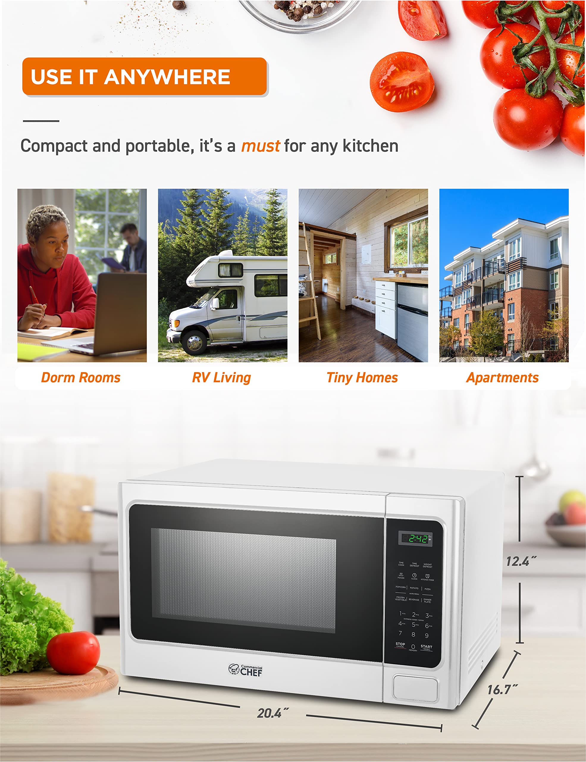 COMMERCIAL CHEF Microwave 1.3 Cu Ft with 10 Power Levels, Microwave with Push Button Door Lock, 1000W Countertop Microwave with Timer and Digital Controls, White