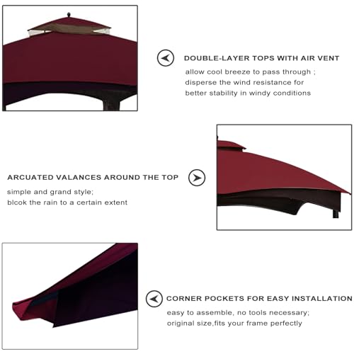 Eurmax USA High Performance Replacement Canopy Top for Lowe's Allen Roth Heavy Duty Gazebo Roof with Air Vent - 10x12 Gazebo Cover #GF-12S004B-1, Replacement Top Only (Burgundy)