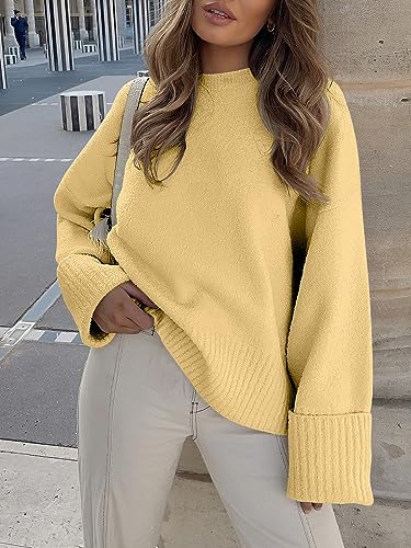 ANRABESS Women's Oversized Crewneck Long Sleeve Fuzzy Knit Casual Chunky Warm 2025 Fall Pullover Sweaters Top Trendy Outfits Yellow X-Large