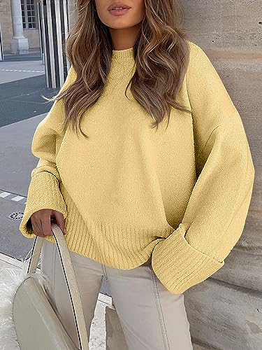 ANRABESS Women's Oversized Crewneck Long Sleeve Fuzzy Knit Casual Chunky Warm 2025 Fall Pullover Sweaters Top Trendy Outfits Yellow X-Large