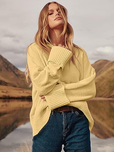ANRABESS Women's Oversized Crewneck Long Sleeve Fuzzy Knit Casual Chunky Warm 2025 Fall Pullover Sweaters Top Trendy Outfits Yellow X-Large