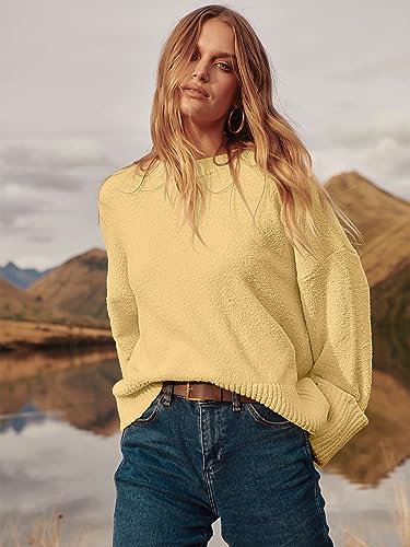 ANRABESS Women's Oversized Crewneck Long Sleeve Fuzzy Knit Casual Chunky Warm 2025 Fall Pullover Sweaters Top Trendy Outfits Yellow X-Large