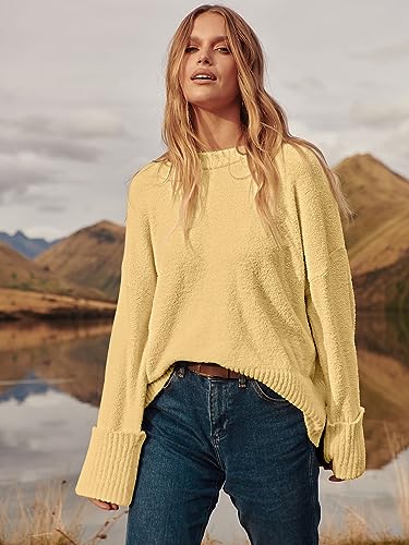 ANRABESS Women's Oversized Crewneck Long Sleeve Fuzzy Knit Casual Chunky Warm 2025 Fall Pullover Sweaters Top Trendy Outfits Yellow X-Large
