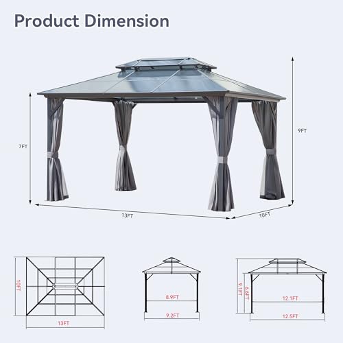 Joyside 10x13 ft Outdoor Hardtop Gazebo with Double-Tier Polycarbonate Roof, Aluminum Frame Gazebo with Netting and Curtain Included, Suitable for Lawn Backyard Patio