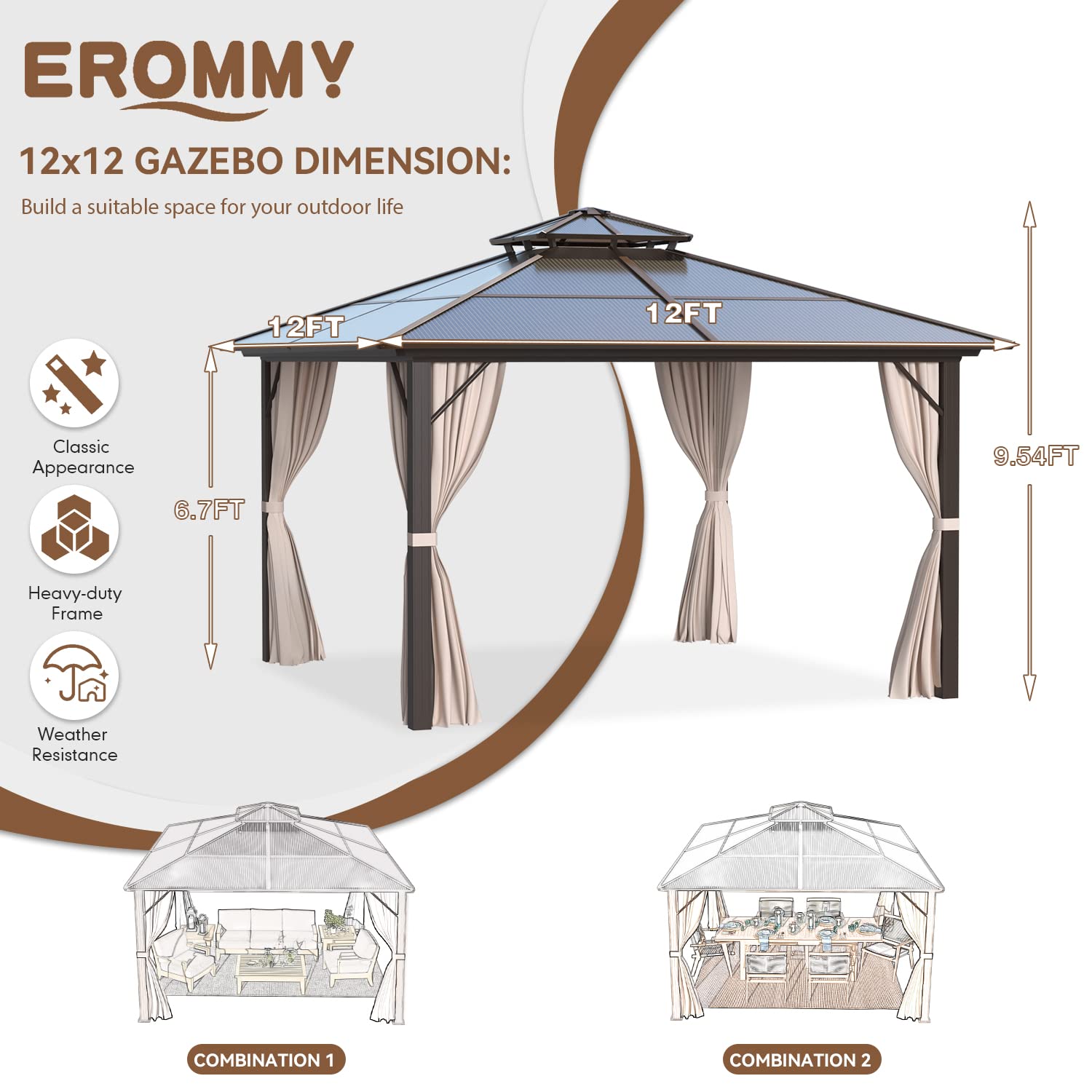 EROMMY 12'x12' Gazebo Polycarbonate Double Roof Pavilion Gazebo Outdoor Aluminum Frame Canopy with Netting and Curtains for Garden Patio Lawns Parties