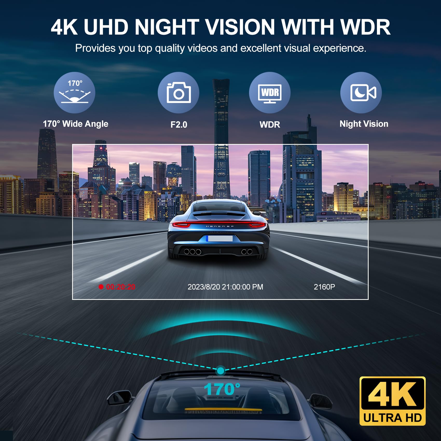 3 Channel 4K Dash Cam, Dash Camera for Cars with 64GB SD Card, 4K+1080P+1440P Dash Cam Front and Rear Inside, Super Night Vision, Loop Recording, G-Sensor, Motion Detection, 24 Hours Parking Mode