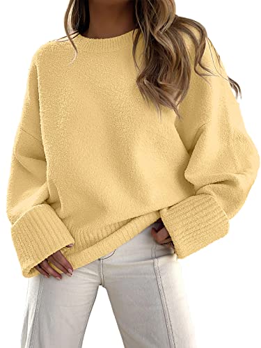 ANRABESS Women's Oversized Crewneck Long Sleeve Fuzzy Knit Casual Chunky Warm 2025 Fall Pullover Sweaters Top Trendy Outfits Yellow X-Large
