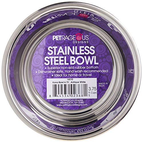 PetRageous 16010 Kona Stainless Steel Non-Slip Dishwasher-Safe Dog Bowl 3.75-Cup 6.75-Inch Diameter 2.5-Inch Tall for Medium and Large Dogs and Cats, White