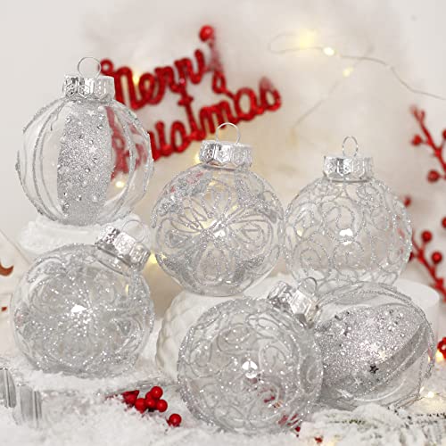MoonXmas Christmas Ornaments Set, 2.75"/70MM Silver Clear Plastic Shatterproof Christmas Tree Hanging Decorations, for Indoor Home Halloween Thanksgiving Xmas Decor - 6Pcs.