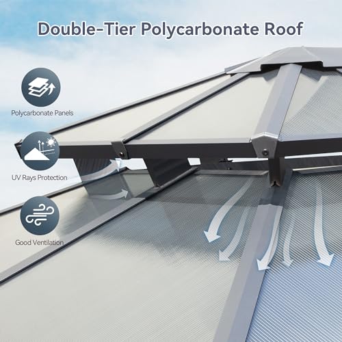 Joyside 10x13 ft Outdoor Hardtop Gazebo with Double-Tier Polycarbonate Roof, Aluminum Frame Gazebo with Netting and Curtain Included, Suitable for Lawn Backyard Patio