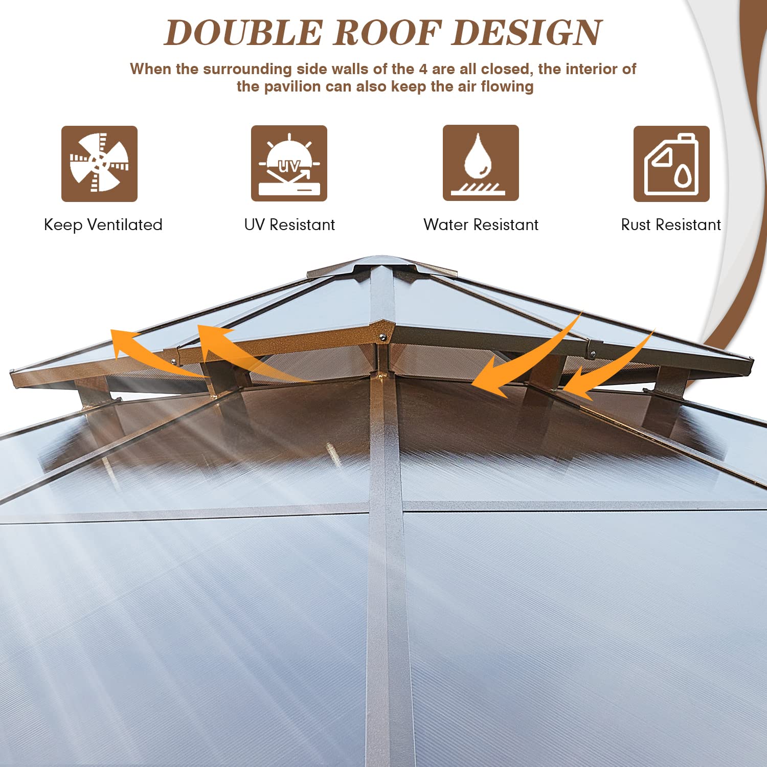 EROMMY 12'x12' Gazebo Polycarbonate Double Roof Pavilion Gazebo Outdoor Aluminum Frame Canopy with Netting and Curtains for Garden Patio Lawns Parties