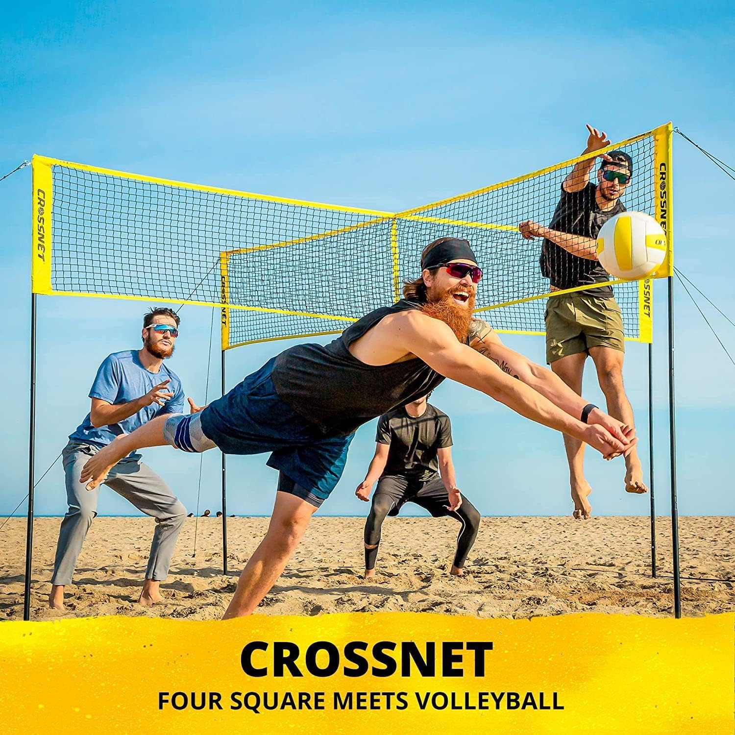 CROSSNET 4-Way Volleyball Net with Carrying Backpack & Ball - 4 Square Volleyball Game Set for Adults and Kids - Quick Assemble Outdoor Game - Backyard Yard Games