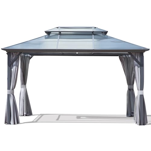 Joyside 10x13 ft Outdoor Hardtop Gazebo with Double-Tier Polycarbonate Roof, Aluminum Frame Gazebo with Netting and Curtain Included, Suitable for Lawn Backyard Patio