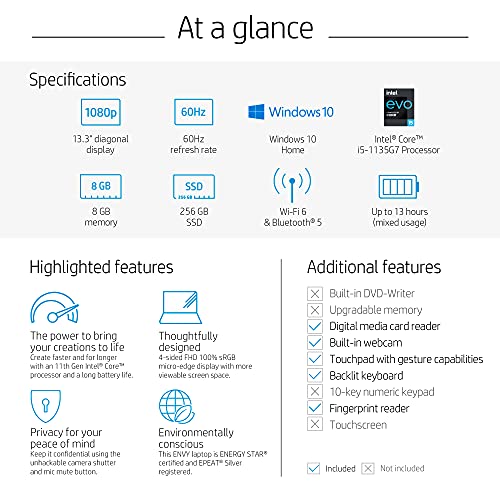 HP Envy 13 2021 Flagship Business Laptop 13.3" FHD IPS 100% sRGB Display 11th Gen Intel Quad-Core i5-1135G7 (Beats i7-1065G7) 8GB RAM 256GB SSD Backlit KB Fingerprint Win10 Silver + HDMI Cable