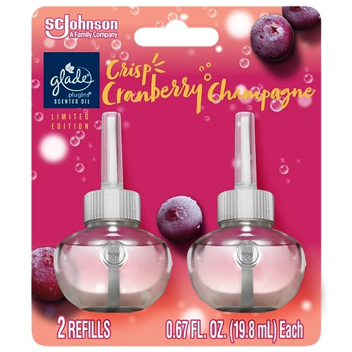 Glade PlugIns Refills Air Freshener, Scented and Essential Oils for Home and Bathroom, Crisp Cranberry Champagne, 1.34 Fl Oz, 2 Count