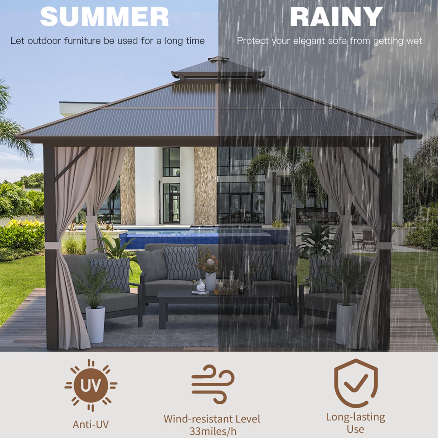EROMMY 12'x12' Gazebo Polycarbonate Double Roof Pavilion Gazebo Outdoor Aluminum Frame Canopy with Netting and Curtains for Garden Patio Lawns Parties