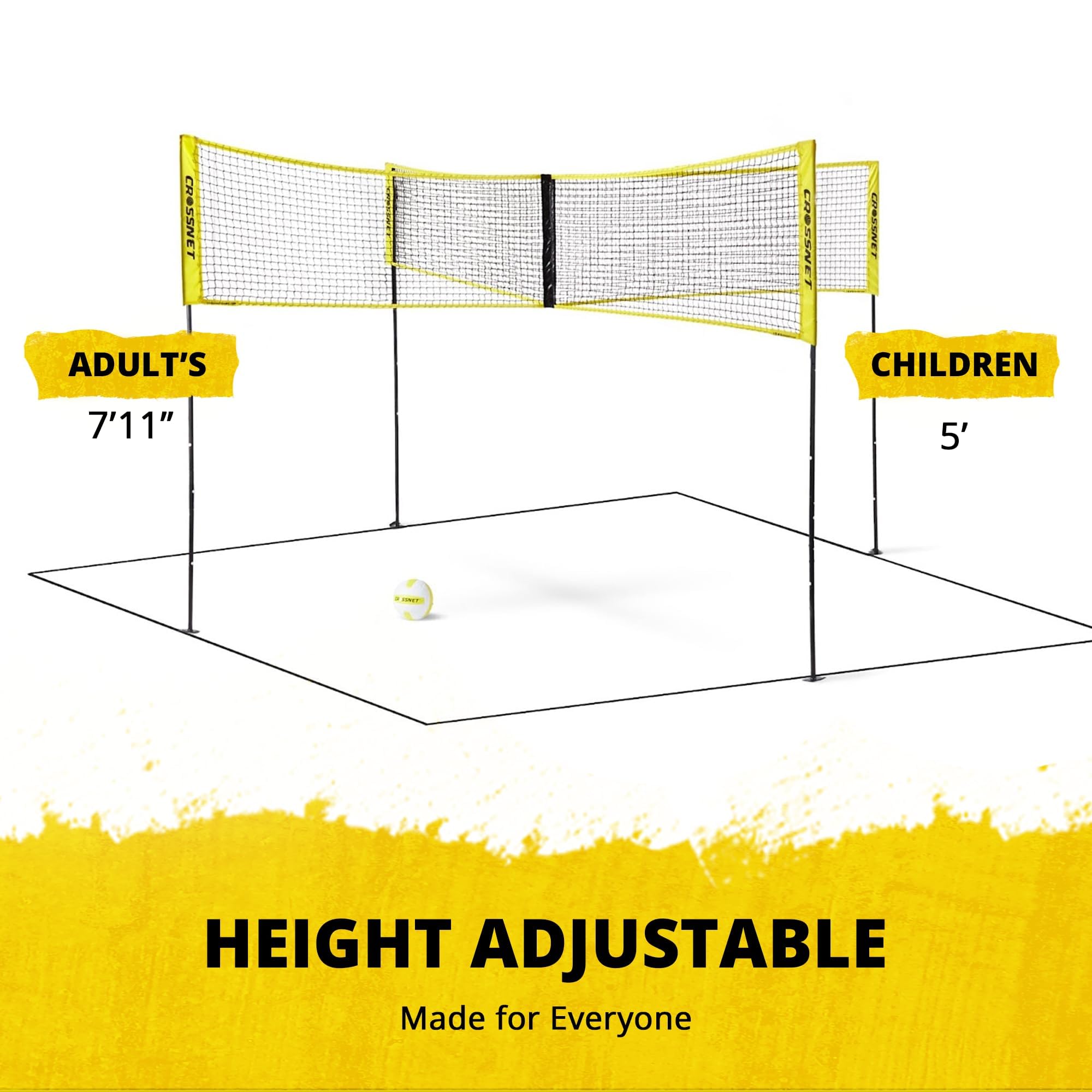 CROSSNET 4-Way Volleyball Net with Carrying Backpack & Ball - 4 Square Volleyball Game Set for Adults and Kids - Quick Assemble Outdoor Game - Backyard Yard Games