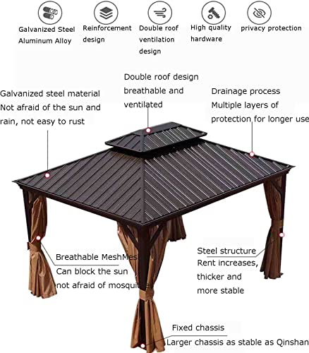 Hardtop Gazebo, 10X 10ft Outdoor Double Roof Canopy, Aluminum Frame Permanent Pavilion with Curtains and Netting, Sunshade for Garden