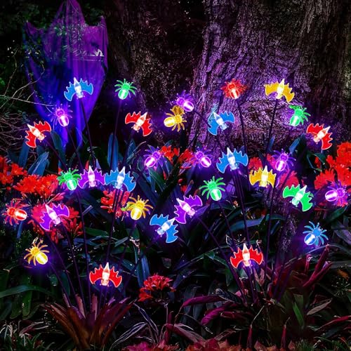 Newhale 4 Pack Solar Halloween Decorations, Solar Swaying Garden Lights with Spiders and Bats, Solar Landscape Pathway Stake lights, Outdoor Solar Lights Decor, Upgraded Base on Solar Firefly Lights