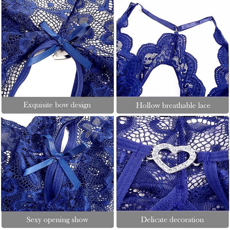 UFZIJP Women One Piece Lingerie Deep V Teddy Sexy Lace Bodysuit (XL, Bow Ties Blue)