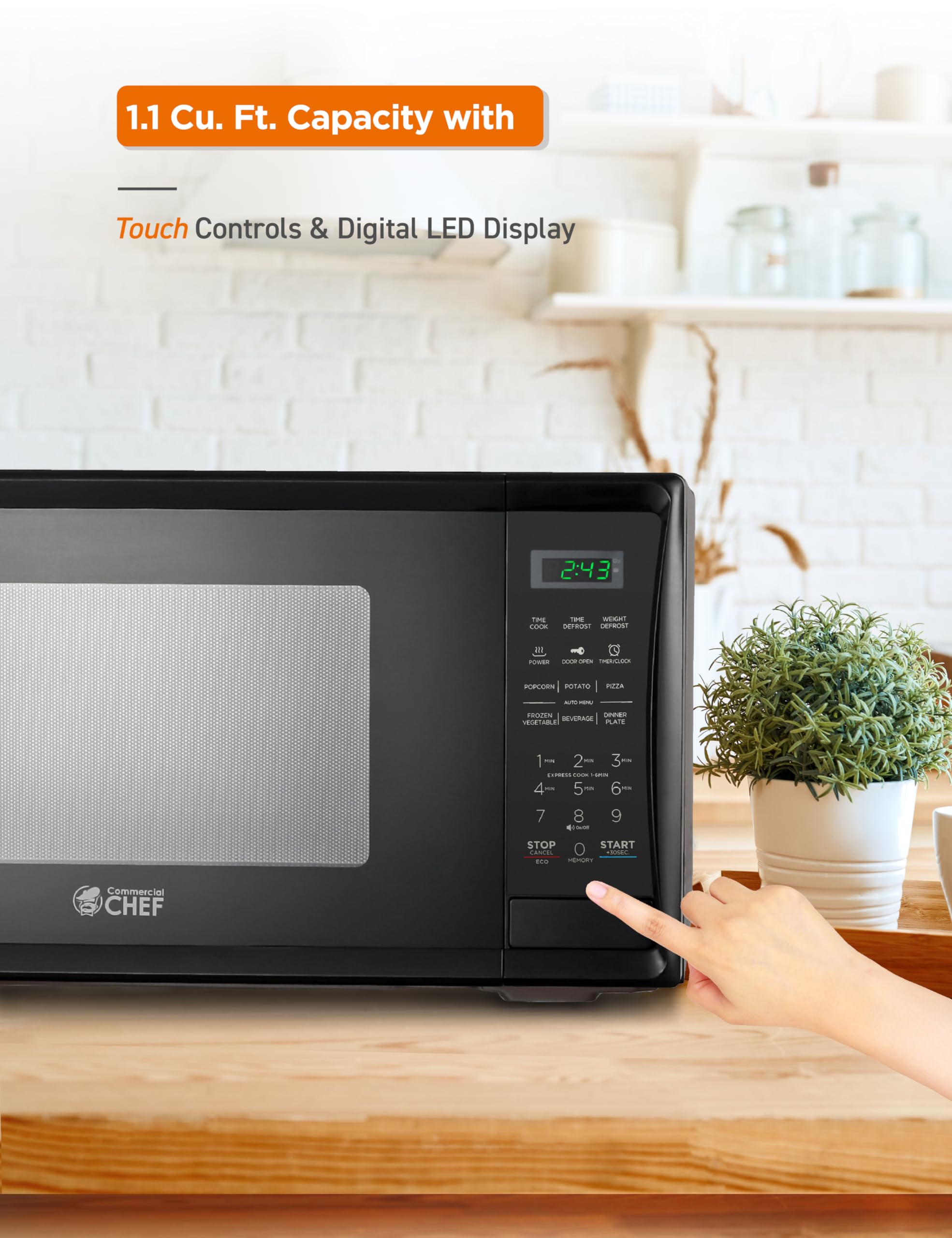 COMMERCIAL CHEF 1.1 Cu Ft Microwave with 10 Power Levels, Microwave 1000W with Push Button Door Lock, Countertop Microwave with Microwave Turntable and Digital Controls, Black