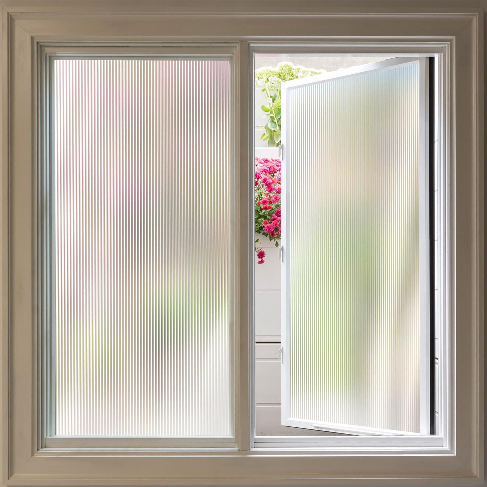 Windimiley Window Privacy Film Reeded Glass Window Clings Frosting Fluted Glass Window Stickers Frosted Bathroom Static Cling Heat UV Blocking Window Tint Decorative Window Coverings, 17.5x78.7 Inch