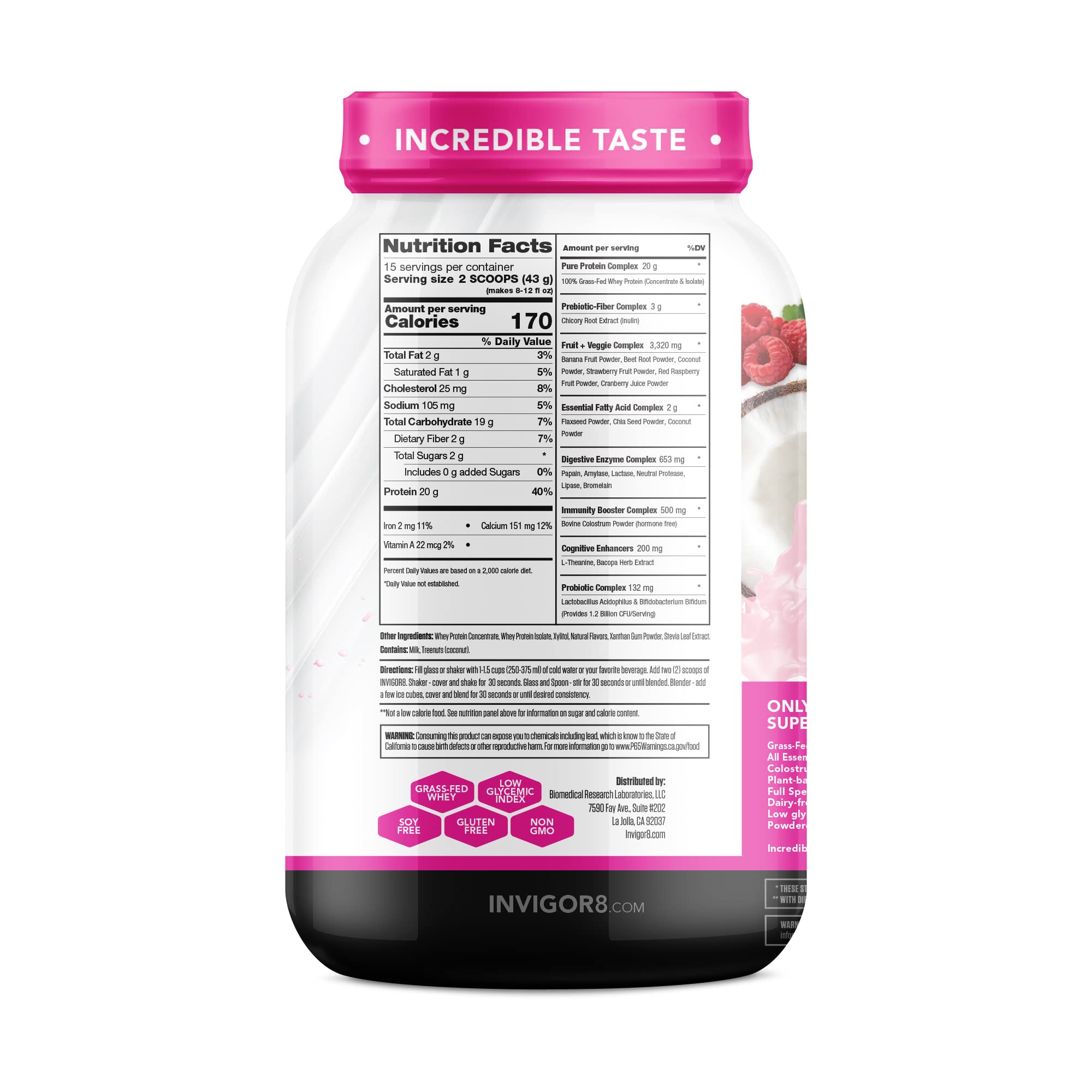 INVIGOR8 Superfood Grass Fed Whey Protein Isolate Shake Natural Strawberry Gluten-Free and Non GMO Meal Replacement with Probiotics and Omega 3 (645g)