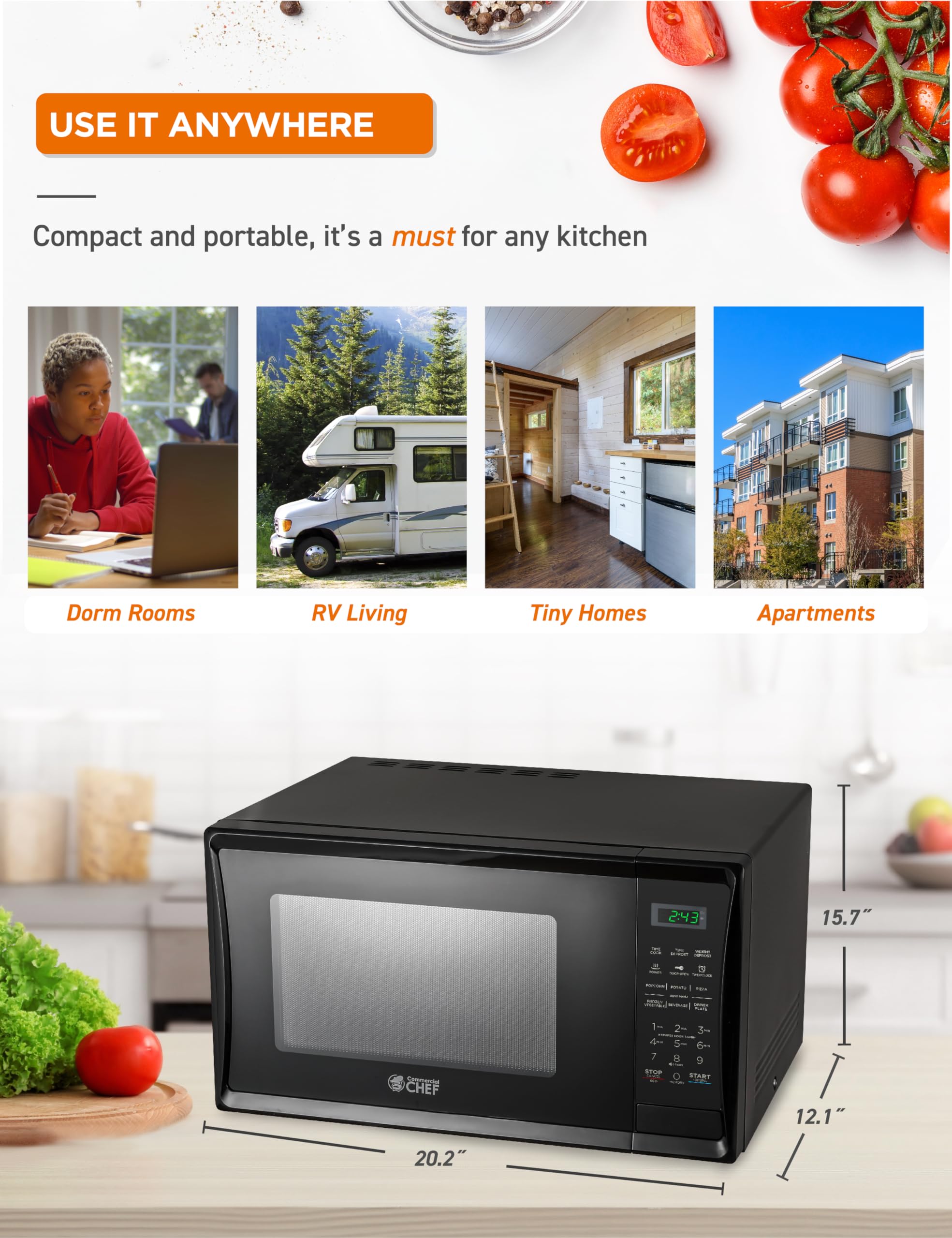 COMMERCIAL CHEF 1.1 Cu Ft Microwave with 10 Power Levels, Microwave 1000W with Push Button Door Lock, Countertop Microwave with Microwave Turntable and Digital Controls, Black
