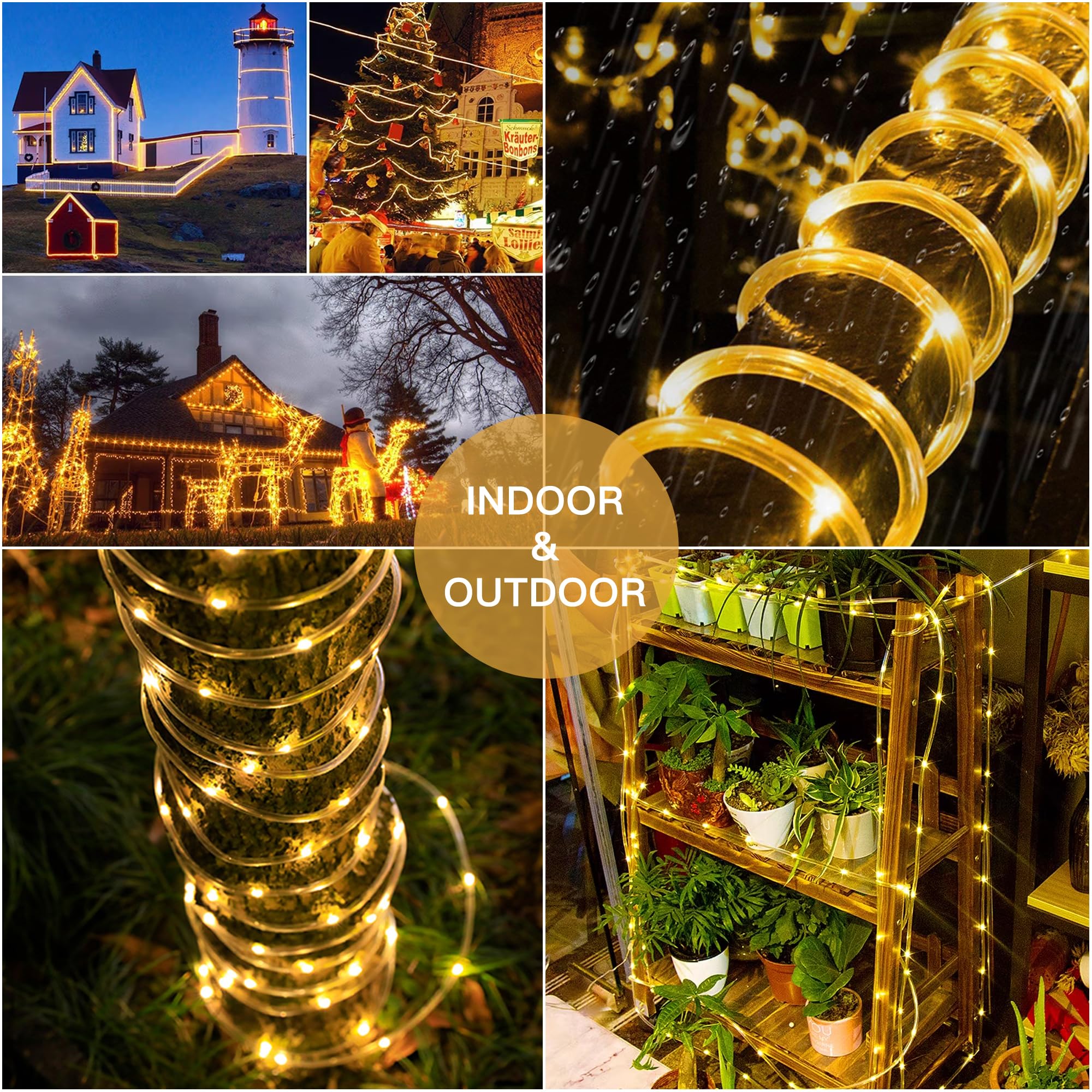 Eueasy 130 LED 42.7ft Solar Rope Lights for Outside with Waterproof PVC Tube,Solar String Lights,Outdoor Decor for Garden, Patio, Fence, Deck, Sidewalk, and Pathway in Warm White
