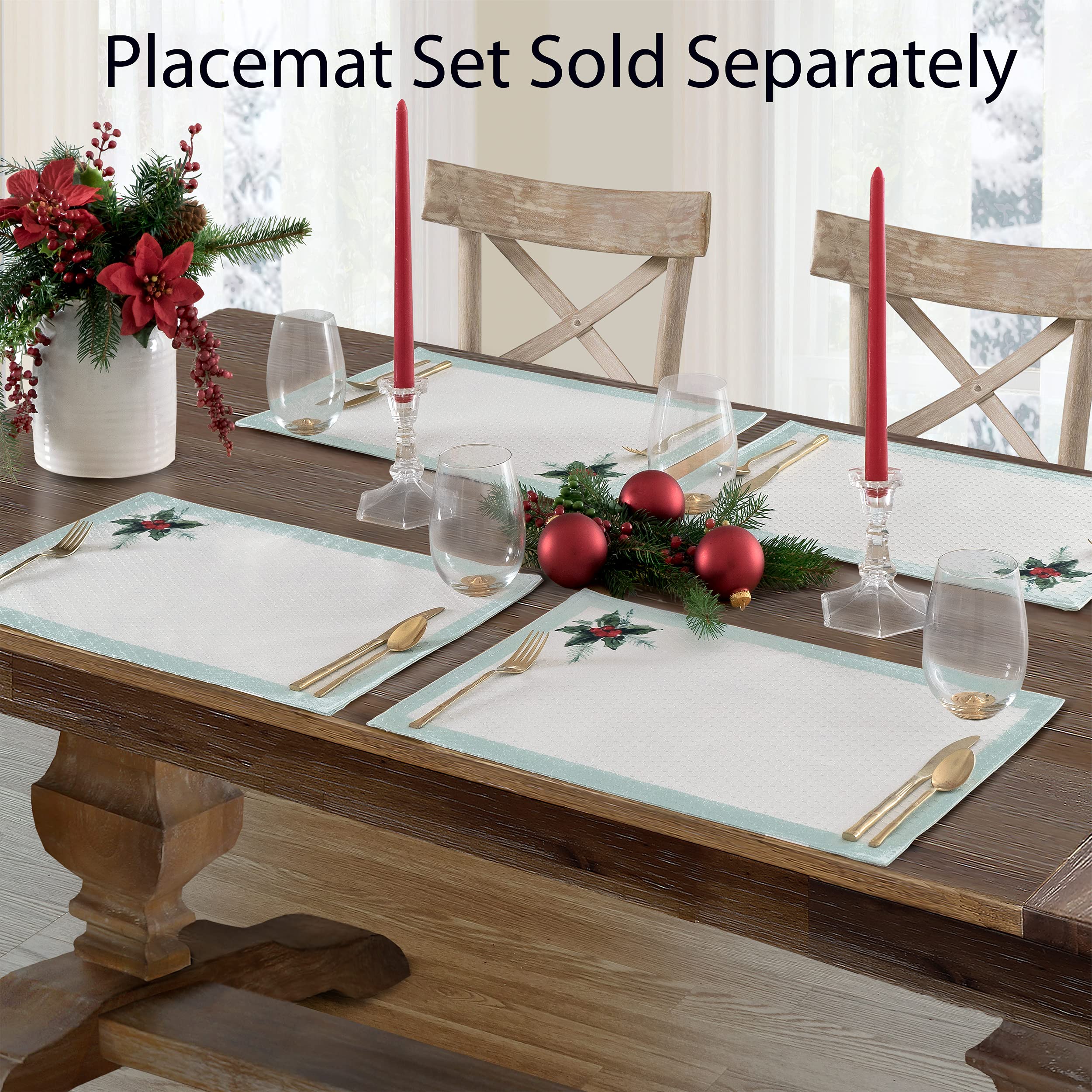 Lintex Holly Bough Stonewashed Border Traditional Christmas Tablecloth, Poinsettia and Holly Sprig Sage, Bordered Xmas Holiday Easy Care Fabric Tablecloth, 60 Inch x 102 Inch Oblong/Rectangle