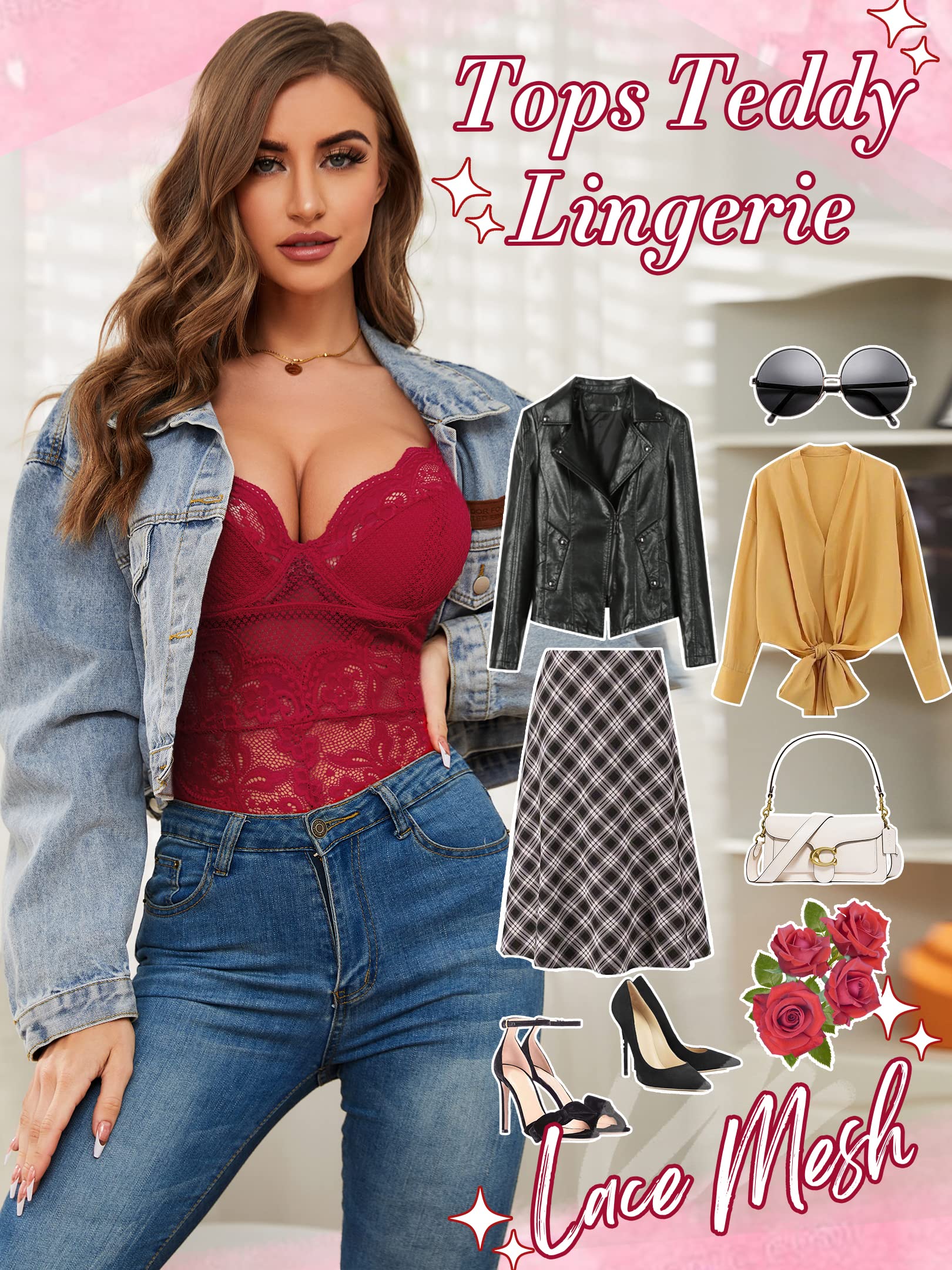 popiv Women Lace Corset Bodysuit Sexy Going Out Tops One Piece Mesh Teddy Lingerie Snap Crotch