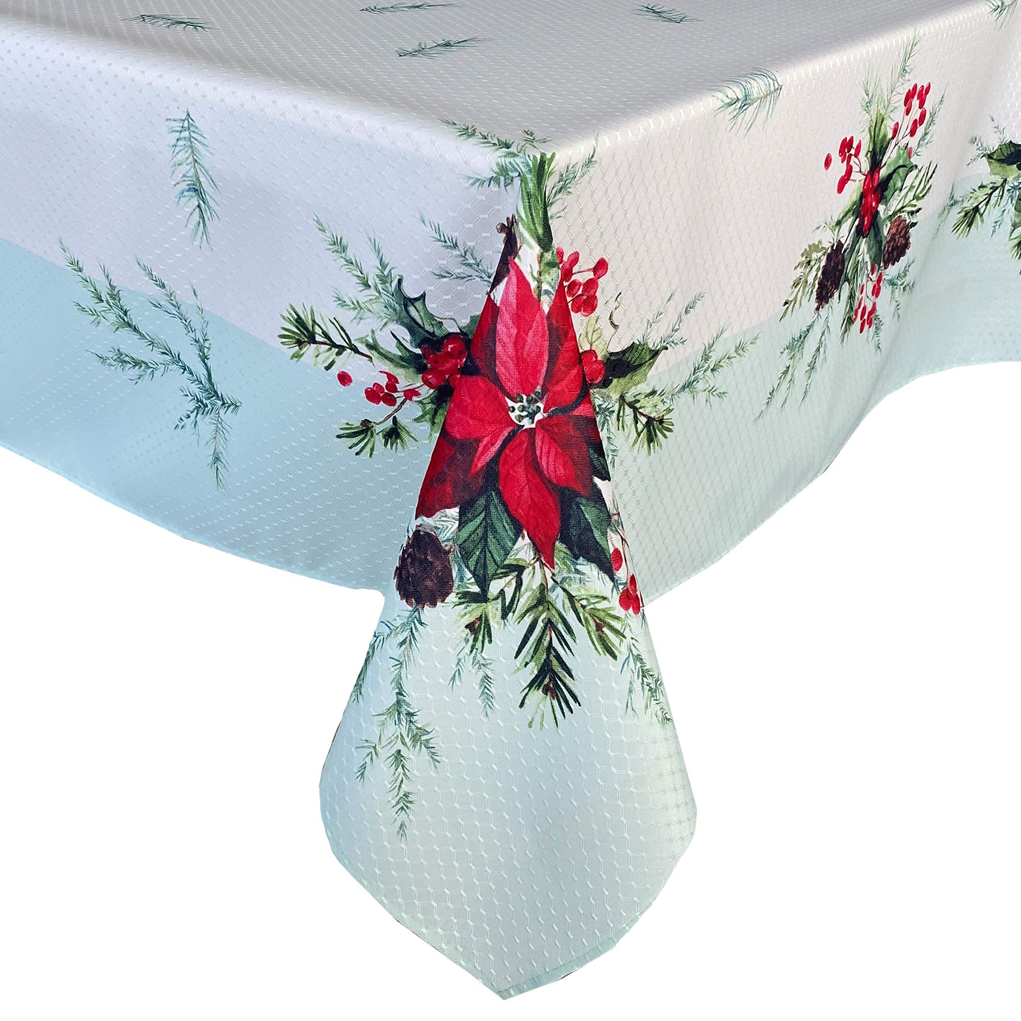Lintex Holly Bough Stonewashed Border Traditional Christmas Tablecloth, Poinsettia and Holly Sprig Sage, Bordered Xmas Holiday Easy Care Fabric Tablecloth, 60 Inch x 102 Inch Oblong/Rectangle